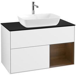 Villeroy & Boch Villeroy und Boch Finion Waschtischunterschrank F782GNGF 100cm, Abdeckplatte black matt, Regale Walnut Veneer, Glossy white lacquer