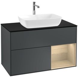 Villeroy & Boch Villeroy und Boch Finion Waschtischunterschrank F782PCHG 100cm, Abdeckplatte black matt, Regale Oak Veneer, Midnight Blue Matt Lacquer
