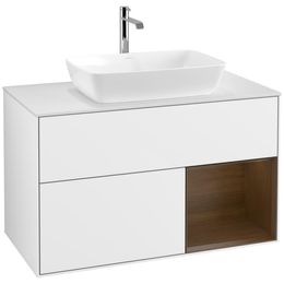 Villeroy & Boch Villeroy und Boch Finion Waschtischunterschrank F781GNGF 100cm, Abdeckplatte white matt, Regale Walnut Veneer, Glossy white lacquer