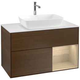 Villeroy & Boch Villeroy und Boch Finion Waschtischunterschrank F781PCGN 100cm, Abdeckplatte white matt, Regale Oak Veneer, Walnut veneer