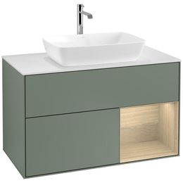 Villeroy & Boch Villeroy und Boch Finion Waschtischunterschrank F781PCGM 100cm, Abdeckplatte white matt, Regale Oak Veneer, Olive Matt Lacquer