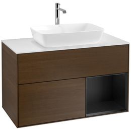 Villeroy & Boch Villeroy und Boch Finion Waschtischunterschrank F781PDGN 100cm, Abdeckplatte white matt, Regale Black matt lacquer, Walnut veneer