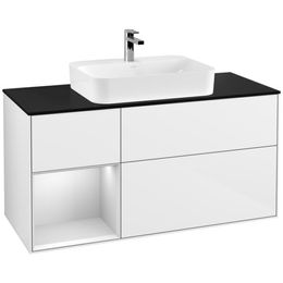 Villeroy & Boch Villeroy und Boch Finion Waschtischunterschrank G412MTGF 120cm, Abdeckplatte black matt, Emotion, Regal links White matt lacquer, Glossy white lacquer