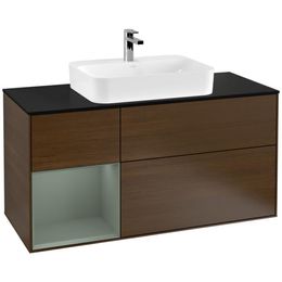 Villeroy & Boch Villeroy und Boch Finion Waschtischunterschrank G412GMGN 120cm, Abdeckplatte black matt, Emotion, Regal links Olive Matt Lacquer, Walnut veneer