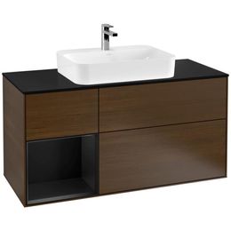 Villeroy & Boch Villeroy und Boch Finion Waschtischunterschrank G412PDGN 120cm, Abdeckplatte black matt, Emotion, Regal links Black matt lacquer, Walnut veneer