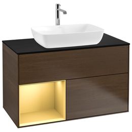 Villeroy & Boch Villeroy und Boch Finion Waschtischunterschrank G772HFGN 100cm, Abdeckplatte black matt, Emotion, Regale Gold matt lacquer, Walnut veneer