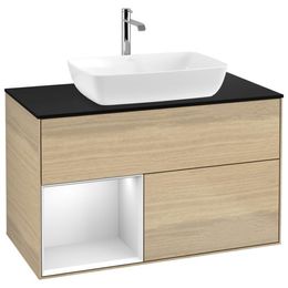 Villeroy & Boch Villeroy und Boch Finion Waschtischunterschrank G772MTPC 100cm, Abdeckplatte black matt, Emotion, Regale White matt lacquer, Oak Veneer