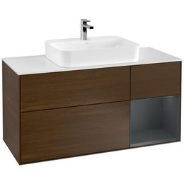 Villeroy & Boch Villeroy und Boch Finion Waschtischunterschrank F421HGGN 120cm, Abdeckplatte white matt, Regal rechts Midnight Blue Matt Lacquer, Walnut veneer