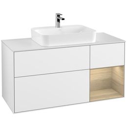 Villeroy & Boch Villeroy und Boch Finion Waschtischunterschrank F421PCGF 120cm, Abdeckplatte white matt, Regal rechts Oak Veneer, Glossy white lacquer