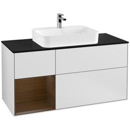 Villeroy & Boch Villeroy und Boch Finion Waschtischunterschrank F412GNMT 120cm, Abdeckplatte black matt, Regal links Walnut veneer, White matt lacquer