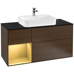 Villeroy & Boch Villeroy und Boch Finion Waschtischunterschrank F412HFGN 120cm, Abdeckplatte black matt, Regal links Gold matt, Walnut veneer