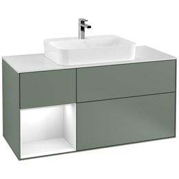 Villeroy & Boch Villeroy und Boch Finion Waschtischunterschrank F411GFGM 120cm, Abdeckplatte white matt, Regal links Glossy white lacquer, Olive Matt Lacquer