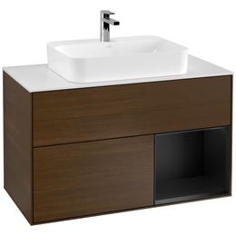 Villeroy & Boch Villeroy und Boch Finion Waschtischunterschrank G371PDGN 100cm, Abdeckplatte white matt, Emotion, Regal rechts Black matt lacquer, Walnut veneer