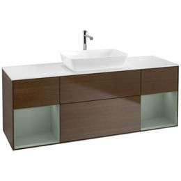 Villeroy & Boch Villeroy und Boch Finion Waschtischunterschrank F861GMGN 160cm, Abdeckplatte white matt, Regale Olive matt lacquer, Walnut veneer