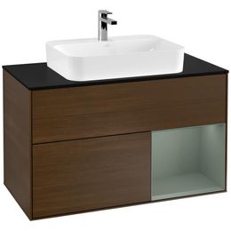 Villeroy & Boch Villeroy und Boch Finion Waschtischunterschrank G372GMGN 100cm, Abdeckplatte black matt, Emotion, Regal rechts Olive Matt Lacquer, Walnut veneer