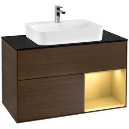 Villeroy & Boch Villeroy und Boch Finion Waschtischunterschrank G372HFGN 100cm, Abdeckplatte black matt, Emotion, Regal rechts Gold matt, Walnut veneer
