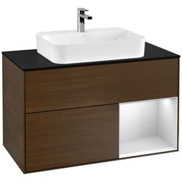 Villeroy & Boch Villeroy und Boch Finion Waschtischunterschrank G372MTGN 100cm, Abdeckplatte black matt, Emotion, Regal rechts White matt lacquer, Walnut veneer