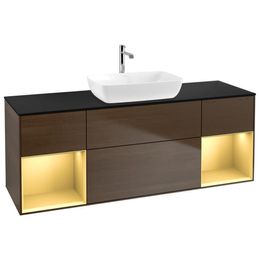 Villeroy & Boch Villeroy und Boch Finion Waschtischunterschrank G862HFGN 160cm, Abdeckplatte black matt, Emotion, Regale Gold matt lacquer, Walnut veneer