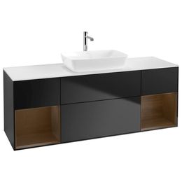 Villeroy & Boch Villeroy und Boch Finion Waschtischunterschrank G861GNPD 160cm, Abdeckplatte white matt, Emotion, Regale Walnut Veneer, Black matt lacquer