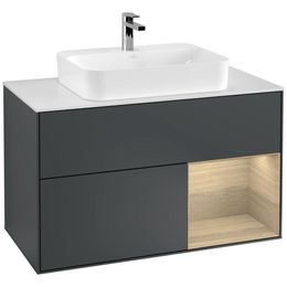 Villeroy & Boch Villeroy und Boch Finion Waschtischunterschrank F371PCHG 100cm, Abdeckplatte white matt, Regal rechts Oak Veneer, Midnight Blue Matt Lacquer