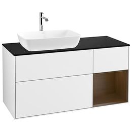Villeroy & Boch Villeroy und Boch Finion Waschtischunterschrank G812GNGF 120cm, Abdeckplatte black matt, Emotion, Regale Walnut Veneer, Glossy white lacquer