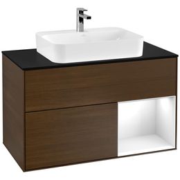 Villeroy & Boch Villeroy und Boch Finion Waschtischunterschrank F372GFGN 100cm, Abdeckplatte black matt, Regal rechts Glossy white lacquer, Walnut veneer