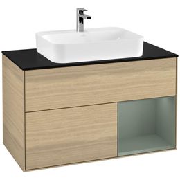 Villeroy & Boch Villeroy und Boch Finion Waschtischunterschrank F372GMPC 100cm, Abdeckplatte black matt, Regal rechts Olive Matt Lacquer, Oak Veneer