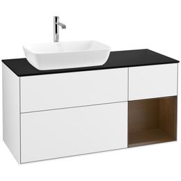 Villeroy & Boch Villeroy und Boch Finion Waschtischunterschrank F812GNGF 120cm, Abdeckplatte black matt, Regale Walnut Veneer, Glossy white lacquer