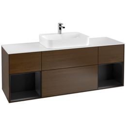 Villeroy & Boch Villeroy und Boch Finion Waschtischunterschrank G451PDGN 160cm, Abdeckplatte white matt, Emotion, Regale Black matt lacquer, Walnut veneer