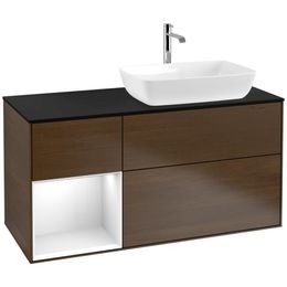 Villeroy & Boch Villeroy und Boch Finion Waschtischunterschrank F802GFGN 120cm, Abdeckplatte black matt, Regale Glossy white lacquer, Walnut veneer