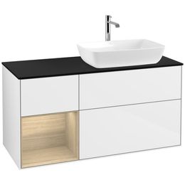 Villeroy & Boch Villeroy und Boch Finion Waschtischunterschrank F802PCGF 120cm, Abdeckplatte black matt, Regale Oak Veneer, Glossy white lacquer