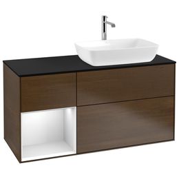 Villeroy & Boch Villeroy und Boch Finion Waschtischunterschrank G802MTGN 120cm, Abdeckplatte black matt, Emotion, Regale White matt lacquer, Walnut veneer