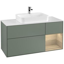 Villeroy & Boch Villeroy und Boch Finion Waschtischunterschrank G421PCGM 120cm, Abdeckplatte white matt, Emotion, Regal rechts Oak veneer, Olive Matt Lacquer