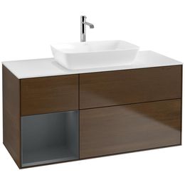 Villeroy & Boch Villeroy und Boch Finion Waschtischunterschrank F821HGGN 120cm, Abdeckplatte white matt, Regale Midnight matt lacquer, Walnut veneer