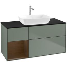 Villeroy & Boch Villeroy und Boch Finion Waschtischunterschrank F822GNGM 120cm, Abdeckplatte black matt, Regale Walnut Veneer, Olive Matt Lacquer