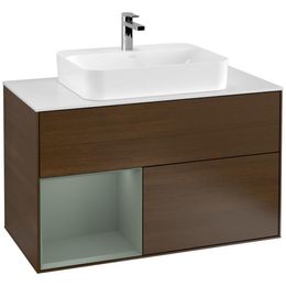 Villeroy & Boch Villeroy und Boch Finion Waschtischunterschrank G361GMGN 100cm, Abdeckplatte white matt, Emotion, Regal links Olive Matt Lacquer, Walnut veneer