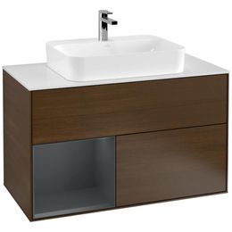 Villeroy & Boch Villeroy und Boch Finion Waschtischunterschrank G361HGGN 100cm, Abdeckplatte white matt, Emotion, Regal links Midnight Blue Matt Lacquer, Walnut veneer