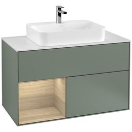 Villeroy & Boch Villeroy und Boch Finion Waschtischunterschrank G361PCGM 100cm, Abdeckplatte white matt, Emotion, Regal links Oak Veneer, Olive Matt Lacquer