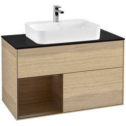 Villeroy & Boch Villeroy und Boch Finion Waschtischunterschrank F362GNPC 100cm, Abdeckplatte black matt, Regal links Walnut veneer, Oak Veneer