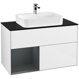 Villeroy & Boch Villeroy und Boch Finion Waschtischunterschrank F362HGGF 100cm, Abdeckplatte black matt, Regal links Midnight Blue Matt Lacquer, Glossy white lacquer