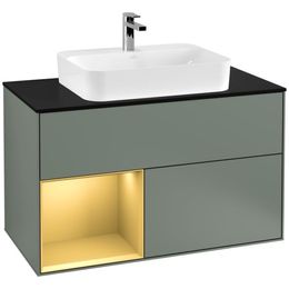 Villeroy & Boch Villeroy und Boch Finion Waschtischunterschrank F362HFGM 100cm, Abdeckplatte black matt, Regal links Gold matt, Olive Matt Lacquer