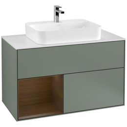 Villeroy & Boch Villeroy und Boch Finion Waschtischunterschrank F361GNGM 100cm, Abdeckplatte white matt, Regal links Walnut veneer, Olive Matt Lacquer