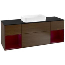 Villeroy & Boch Villeroy und Boch Finion Waschtischunterschrank F332HBGN 160x60,3cm, Abdeckplatte black matt, Regale Peony matt lacquer, Walnut veneer