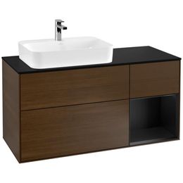 Villeroy & Boch Villeroy und Boch Finion Waschtischunterschrank F402PDGN 120cm, Abdeckplatte black matt, Regal rechts Black matt lacquer, Walnut veneer