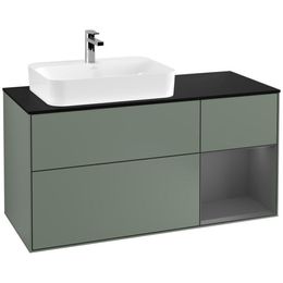 Villeroy & Boch Villeroy und Boch Finion Waschtischunterschrank F402GKGM 120cm, Abdeckplatte black matt, Regal rechts Anthracite matt, Olive Matt Lacquer