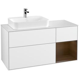 Villeroy & Boch Villeroy und Boch Finion Waschtischunterschrank F401GNGF 120cm, Abdeckplatte white matt, Regal rechts Walnut veneer, Glossy white lacquer