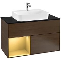Villeroy & Boch Villeroy und Boch Finion Waschtischunterschrank G362HFGN 100cm, Abdeckplatte black matt, Emotion, Regal links Gold matt, Walnut veneer