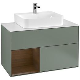 Villeroy & Boch Villeroy und Boch Finion Waschtischunterschrank F111GNGM 100cm, Abdeckplatte black matt, Regal links Walnut veneer, Olive Matt Lacquer