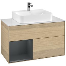 Villeroy & Boch Villeroy und Boch Finion Waschtischunterschrank F111HGPC 100cm, Abdeckplatte black matt, Regal links Midnight Blue Matt Lacquer, Oak Veneer