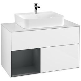 Villeroy & Boch Villeroy und Boch Finion Waschtischunterschrank F111HGGF 100cm, Abdeckplatte black matt, Regal links Midnight Blue Matt Lacquer, Glossy white lacquer